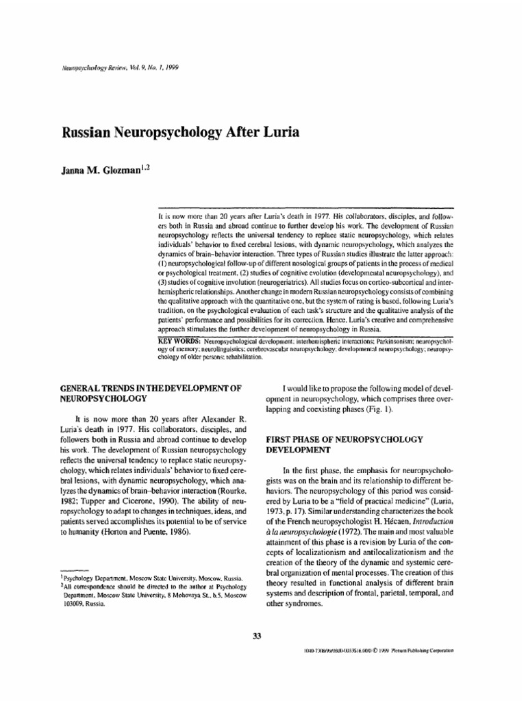 Russian Neuropsychology After Luria by Janna M. Glozman PDF | PDF ...