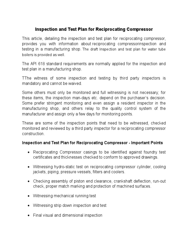 Inspection and Test Plan For Reciprocating Compressor | PDF | Gas ...