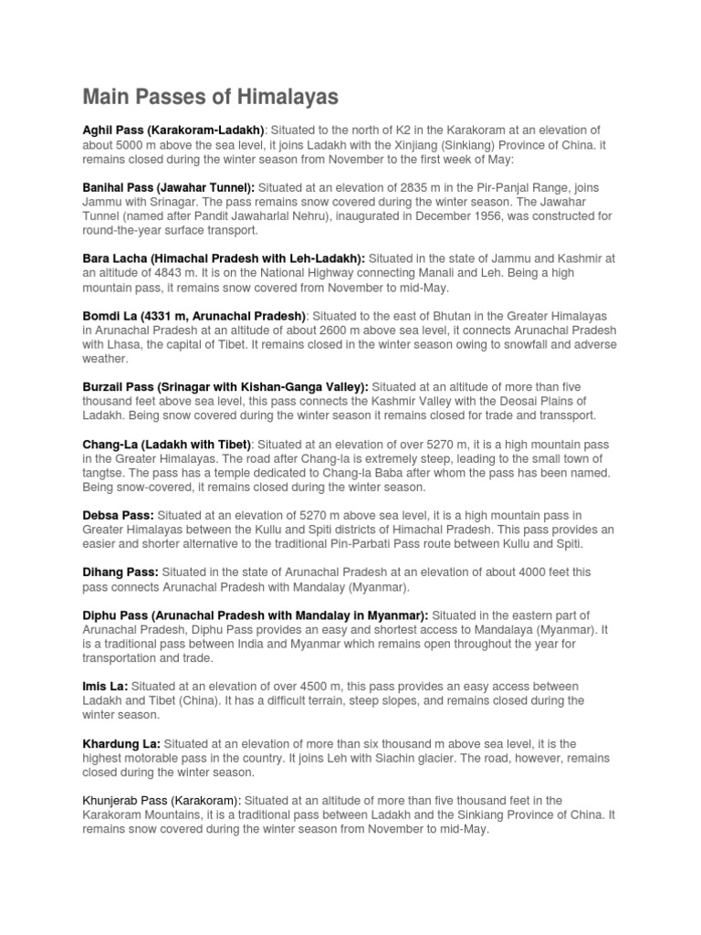 Main Passes of Himalayas | PDF | Himalayas | Mountains