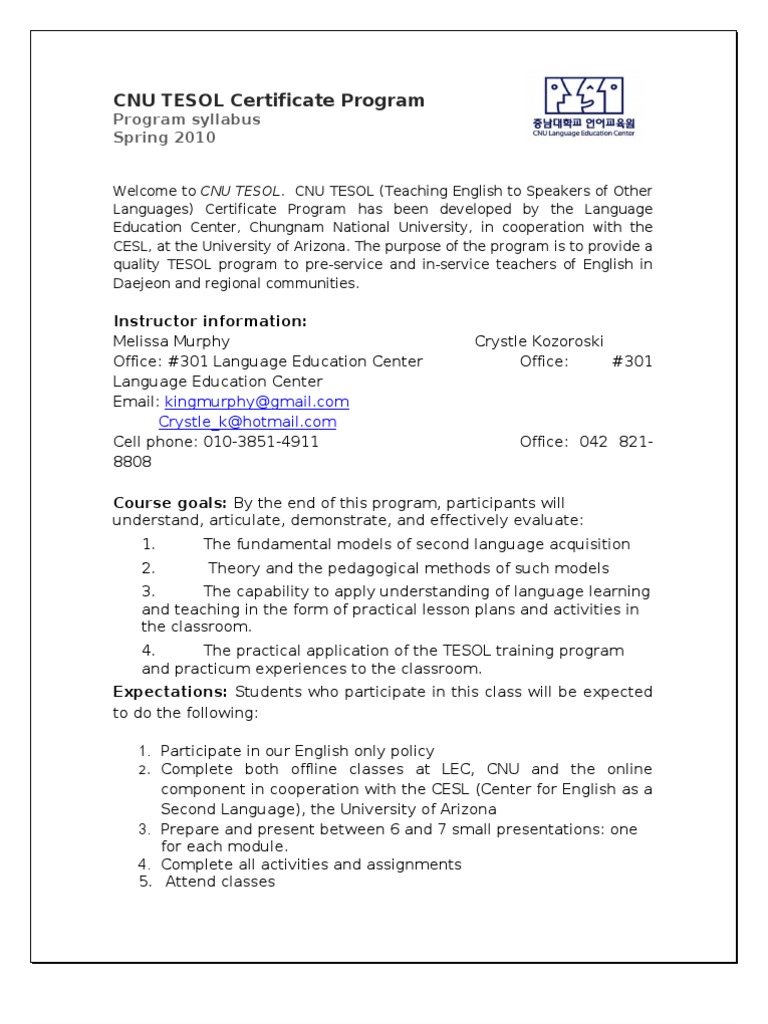 CNU TESOL Certificate Program | Download Free PDF | English As A Second ...