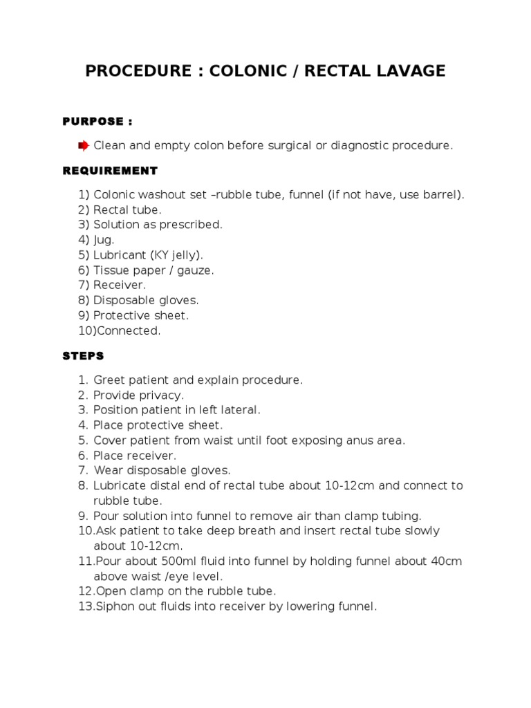 Colonic Rectal Lavage Procedure Guide | PDF | Clinical Medicine | Medicine