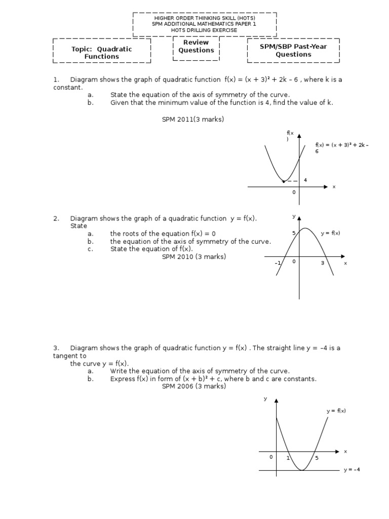 HOTS Drill 3 Exercise Paper 1 Quadaratic Function 2015 | PDF ...