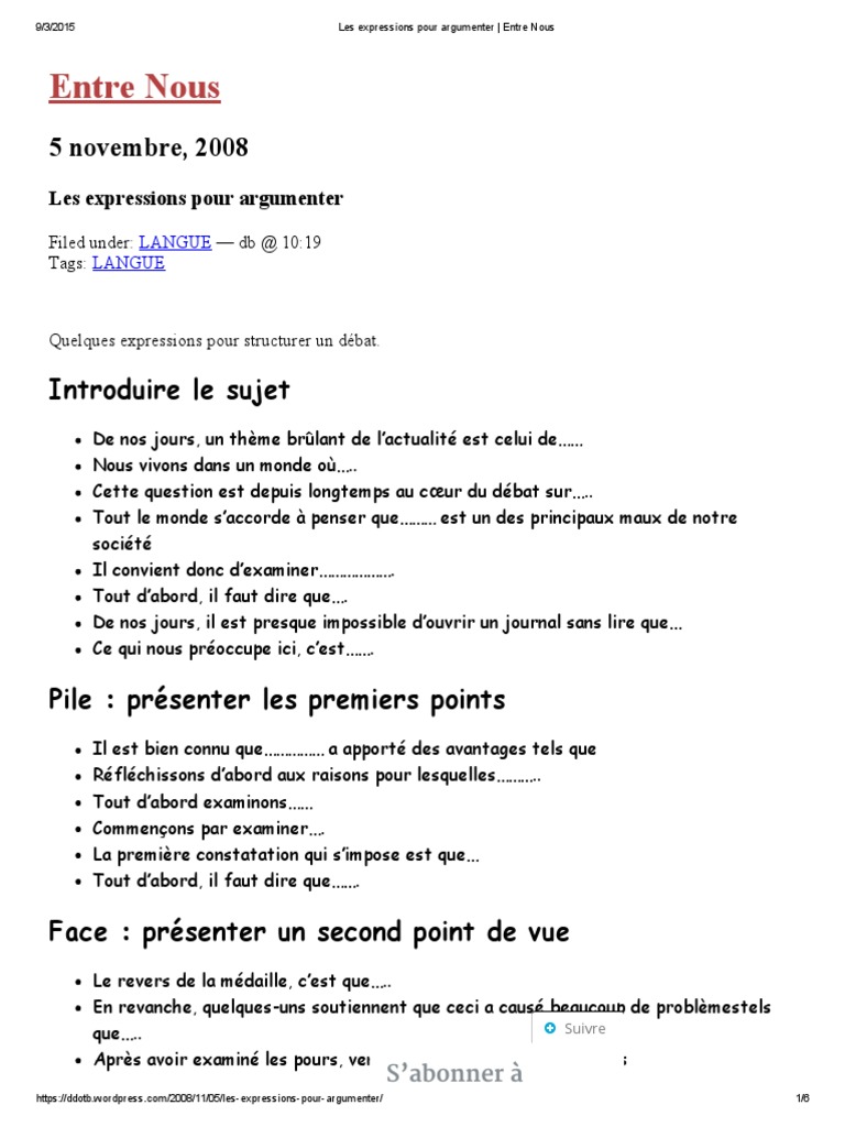 Les Expressions Pour Argumenter - Entre Nous | PDF | Linguistique ...