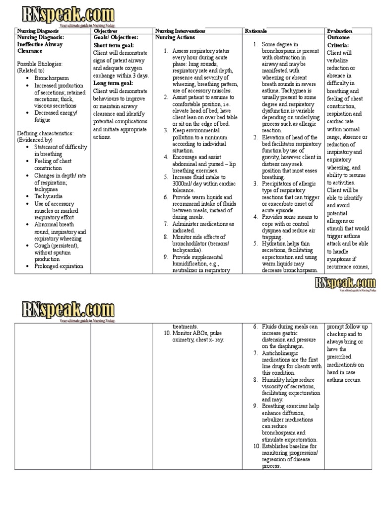 Asthma Nursing Care Plan - NCP - Ineffective Airway Clearance | PDF | Asthma | Respiratory Tract
