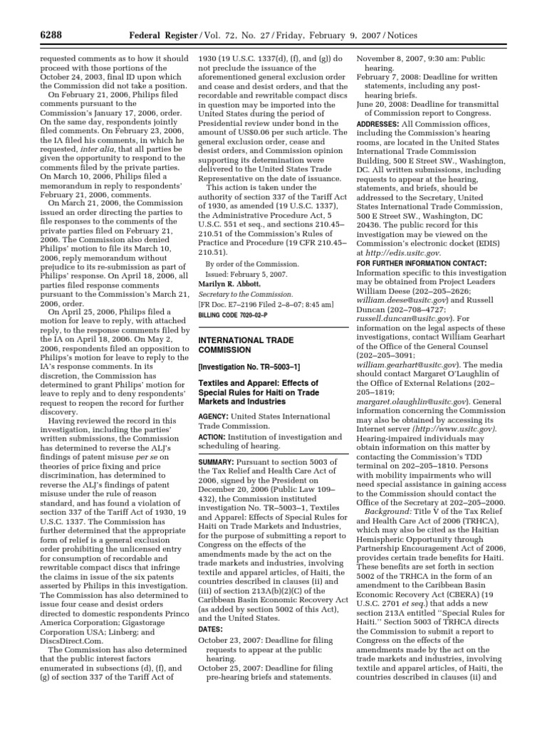 Notice: Import Investigations: Textiles and Apparel Haiti Trade Markets ...