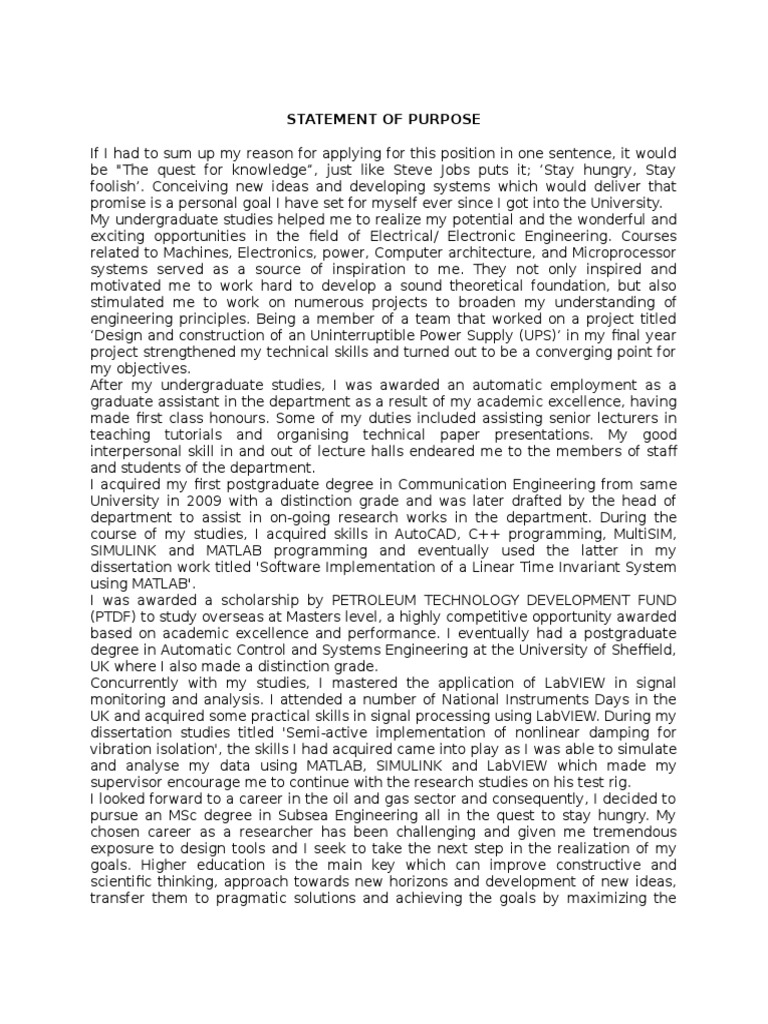 Statement Purpose Electrical Engineering | PDF | Postgraduate Education ...