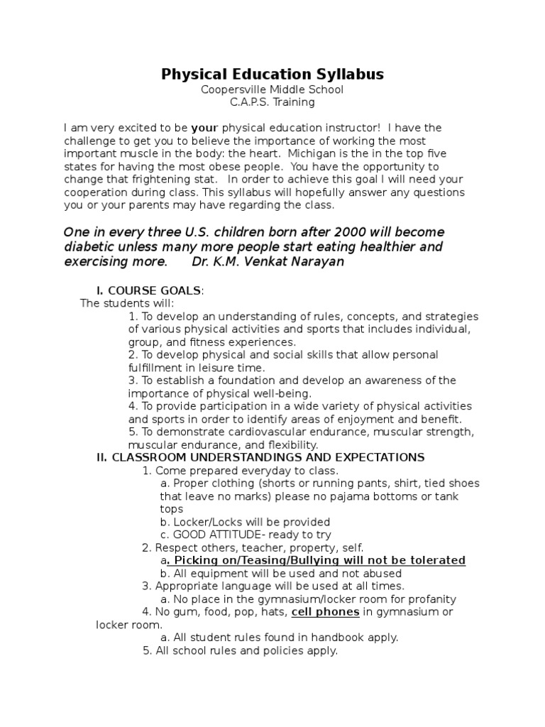 Middle School PE Syllabus | PDF | Physical Education | Physical Exercise