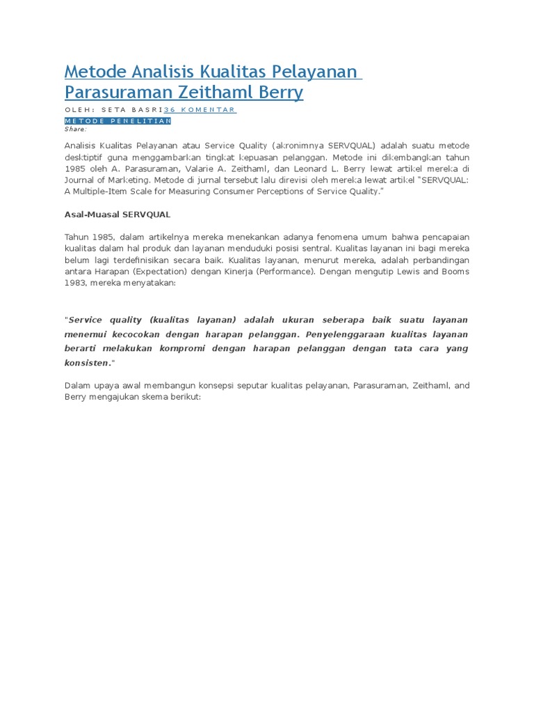 Metode Analisis Kualitas Pelayanan Parasuraman Zeithaml Berry | PDF ...