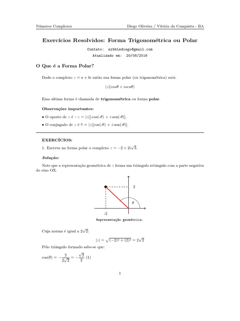 Exercícios Resolvidos: Forma Polar Ou Trigonométrica | PDF