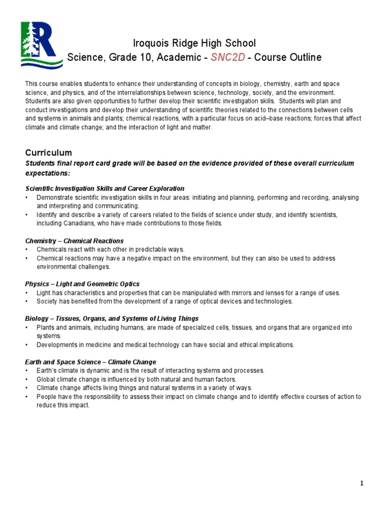 SNC2D Course Outline and Expectations | PDF | Test (Assessment) | Homework
