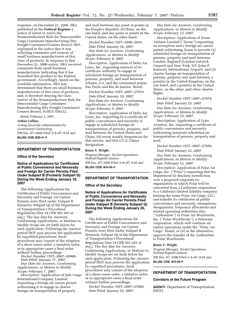 Notice: Grants and Cooperative Agreements Availability, Etc.: Corridors ...