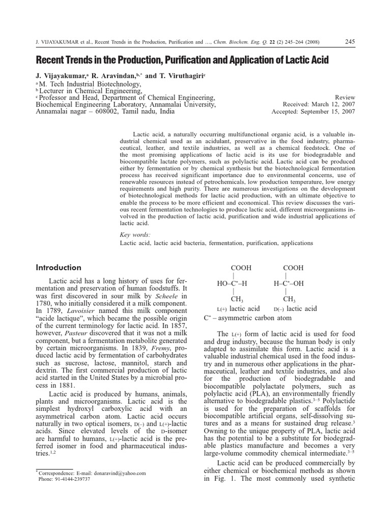 Lactic Acid Industrial Production | PDF | Lactic Acid | Fructose