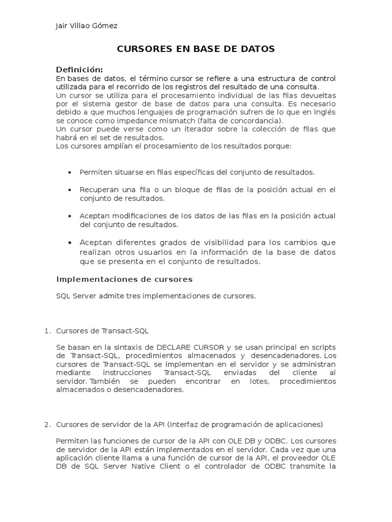 Cursores en Bases de Datos SQL | PDF | Servidor SQL de Microsoft | Gestión de tecnología de la ...