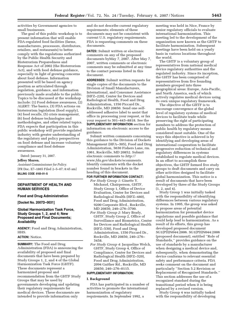 Notice: Meetings: Global Harmonization Task Force Study Groups Proposed and Final Documents ...