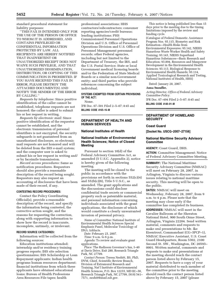 Federal Advisory Committee Meeting Notices | PDF | Environmental Health ...
