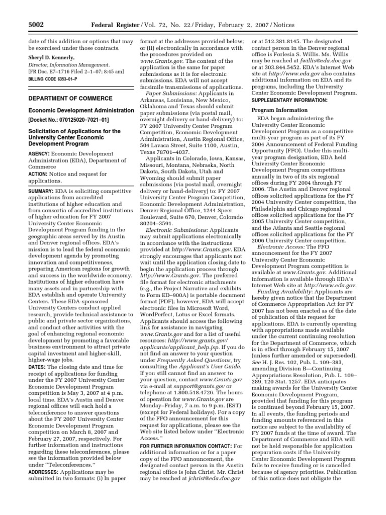Notice: Grants and Cooperative Agreements Availability, Etc.: University Center Economic ...