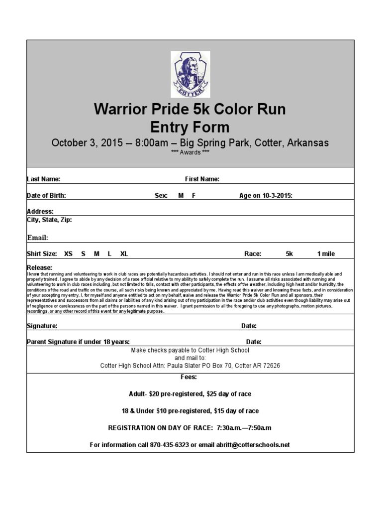 Warrior Pride 5k Color Run Entry Form | PDF