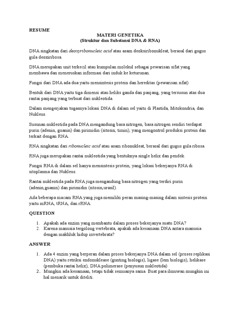 RESUME Materi Genetika (Struktur Dan Substansi DNA RNA) | PDF