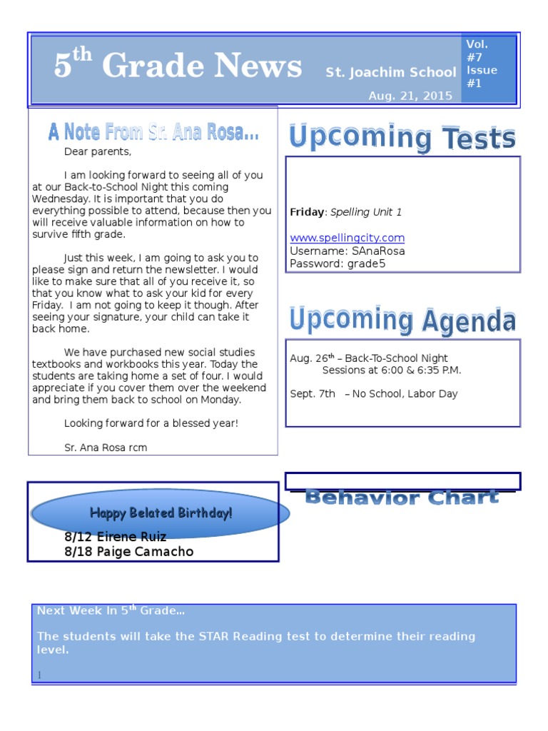 5th Grade News: Back-to-School Updates | PDF | Wellness