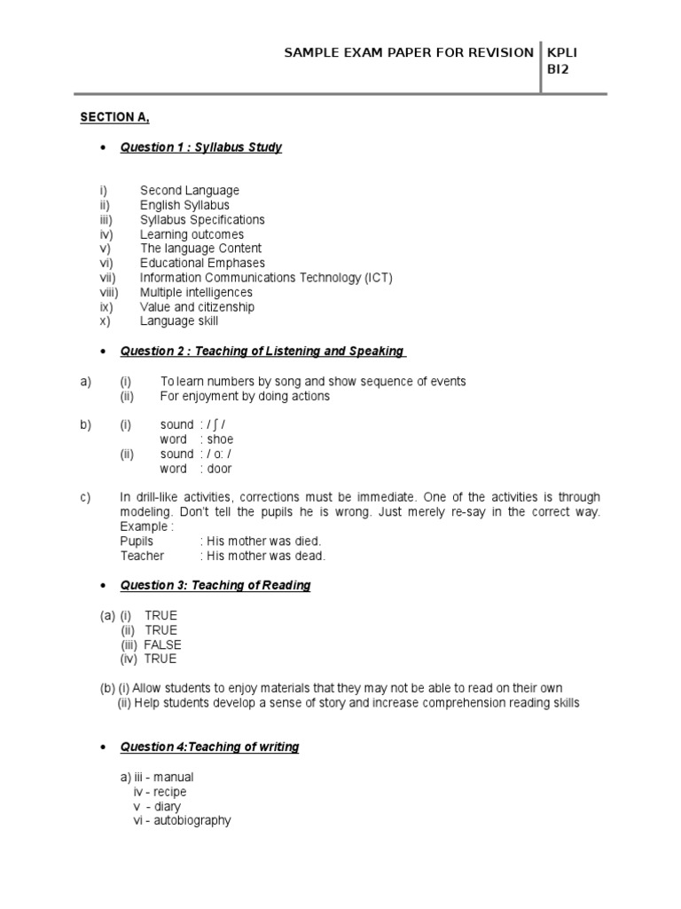Answer Sheets Sample Exam Paper For Revision | PDF | Subject (Grammar ...