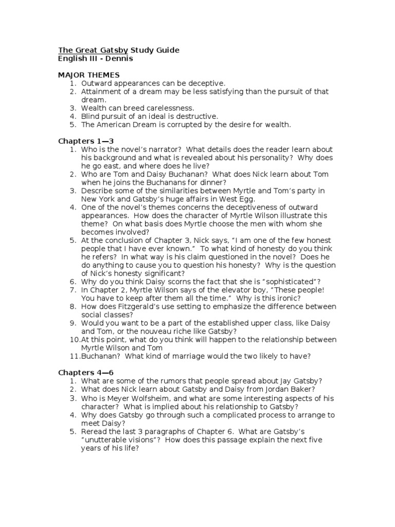 The Great Gatsby Study Guide English III | PDF | The Great Gatsby