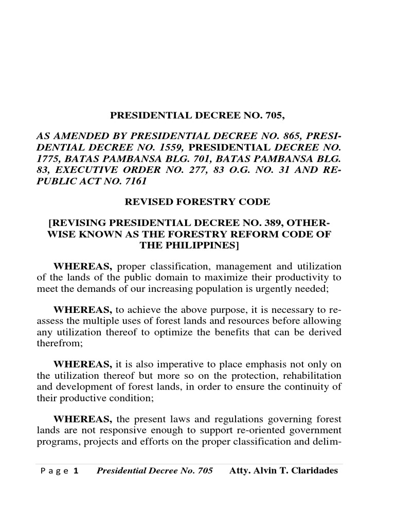 PRESIDENTIAL DECREE NO. 705 as amended | Forests | Forestry