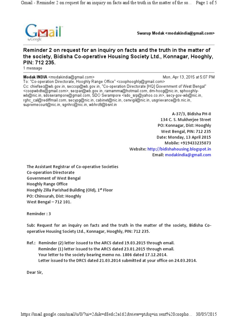 Third Reminder Letter To The Assistant Registrar of Co-Operative ...