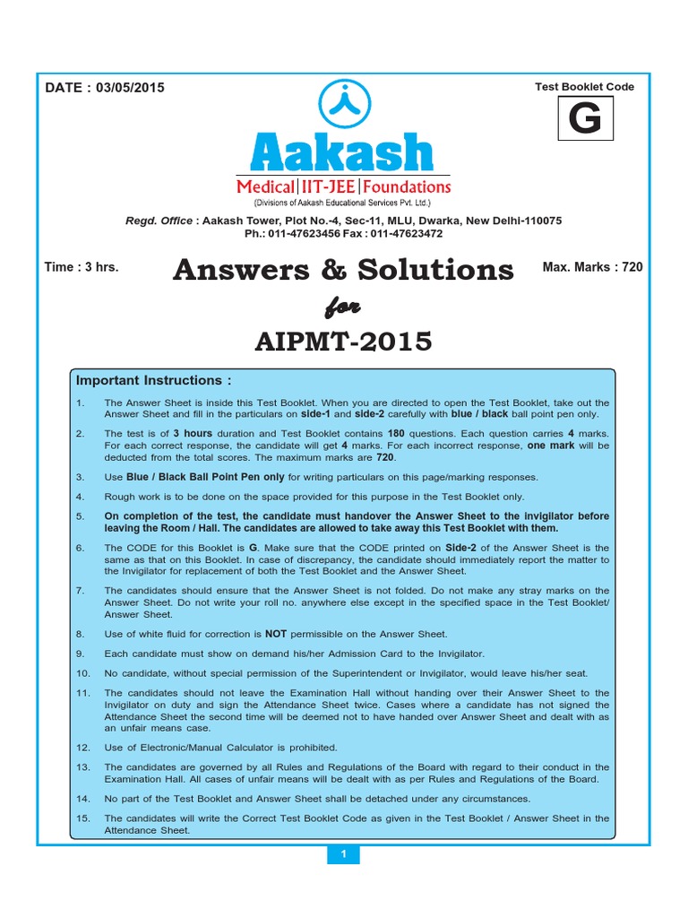 Answers & Solutions: For For For For For AIPMT-2015 | PDF | Lens (Optics) | Enzyme Inhibitor
