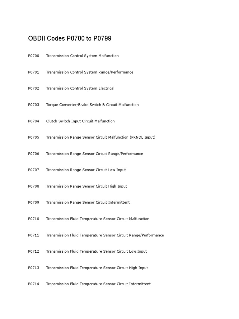 OBDII Codes P0700 To P0799 | PDF | Fuel Injection | Transmission ...