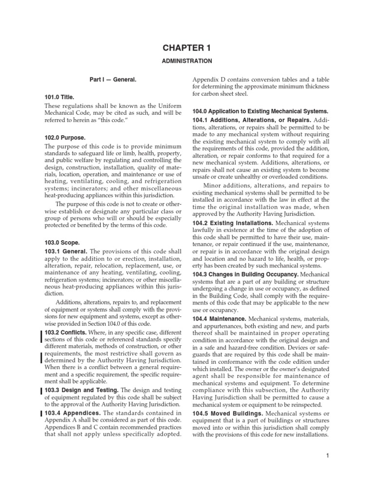 Uniform Mechanical Code - 2009 Chapter 1 | PDF | Hvac | Specification ...