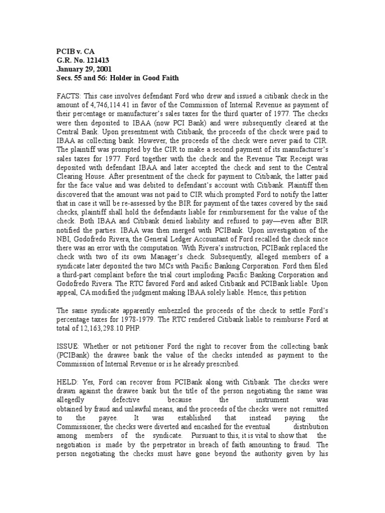PCIB V CA Case Digest | PDF | Cheque | Payments