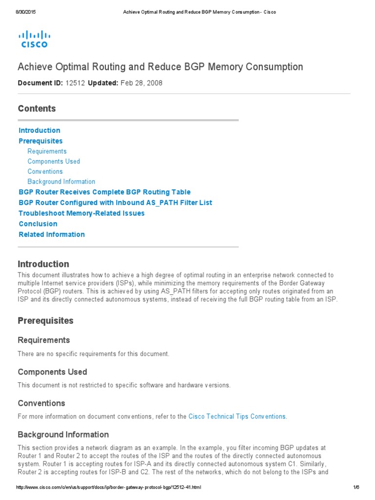 Achieve Optimal Routing And Reduce Bgp Memory Consumption Cisco Pdf Router Computing 
