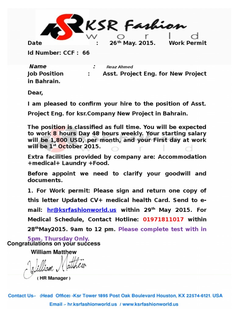 Bahrain Job Offer and Work Permit Details | PDF