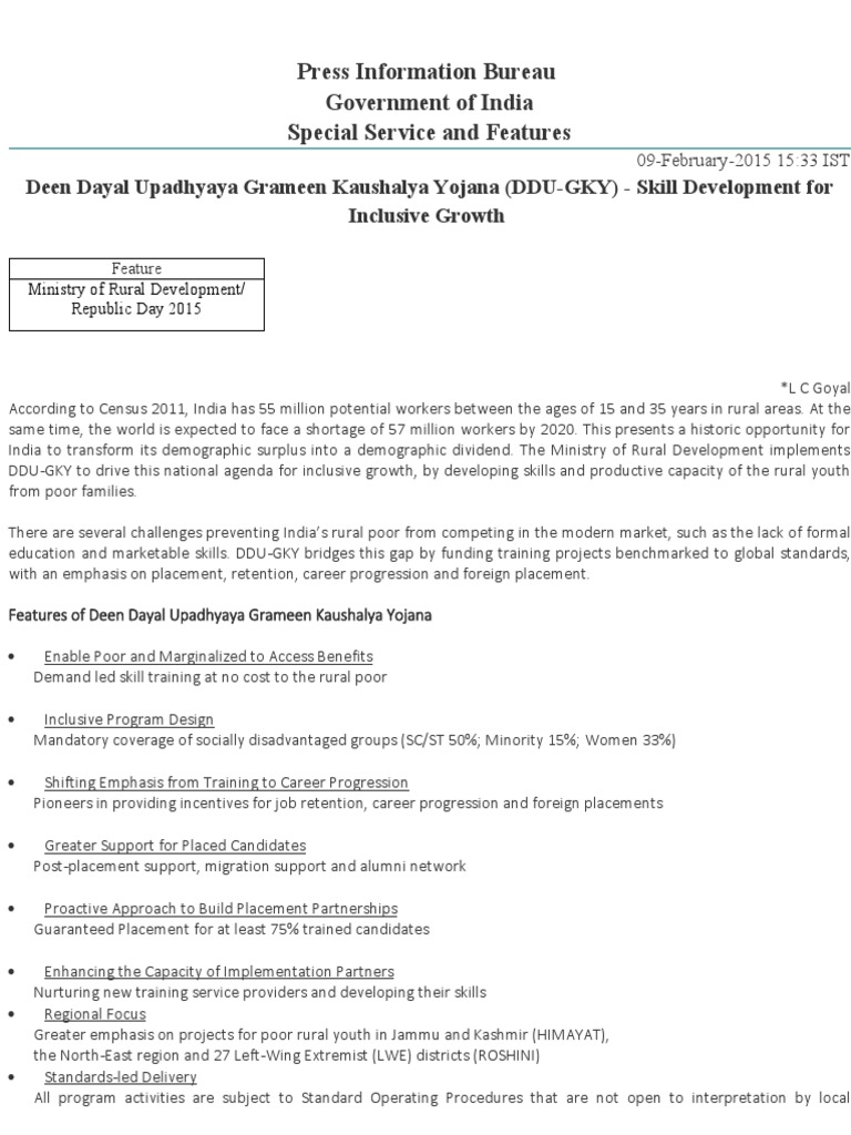 Deen Dayal Upadhyaya Grameen Kaushalya Yojana Ddu Gky Skill Development For Inclusive Growth