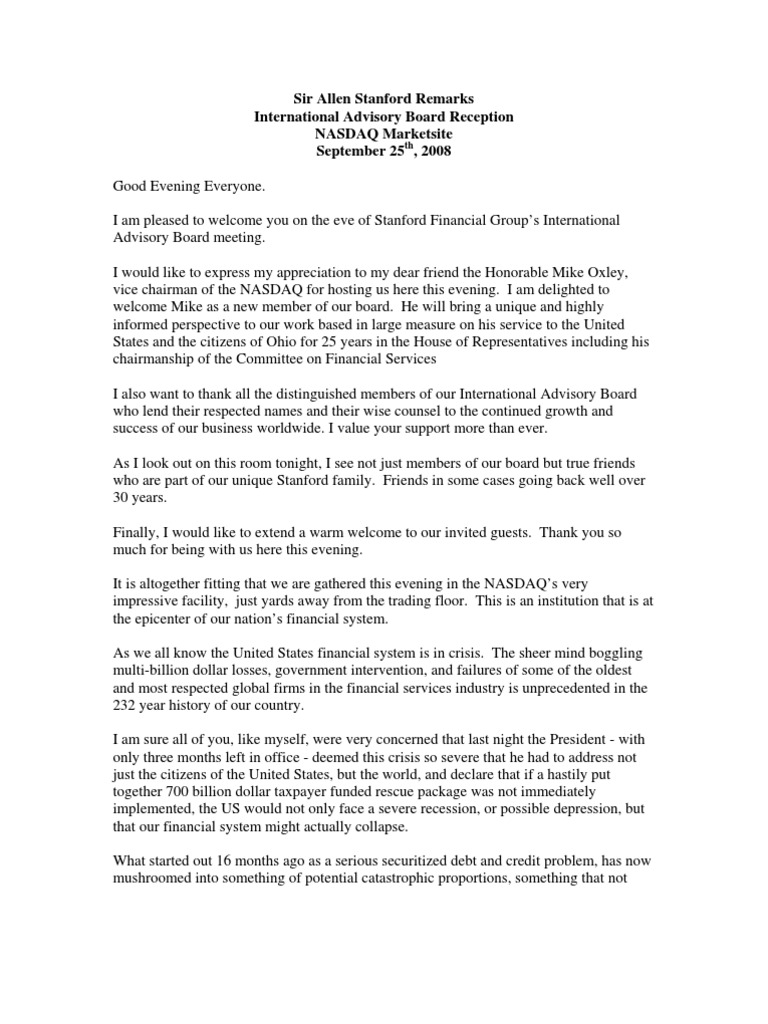 Sir Allen Stanford Remarks | PDF | Great Depression | Financial Crisis ...