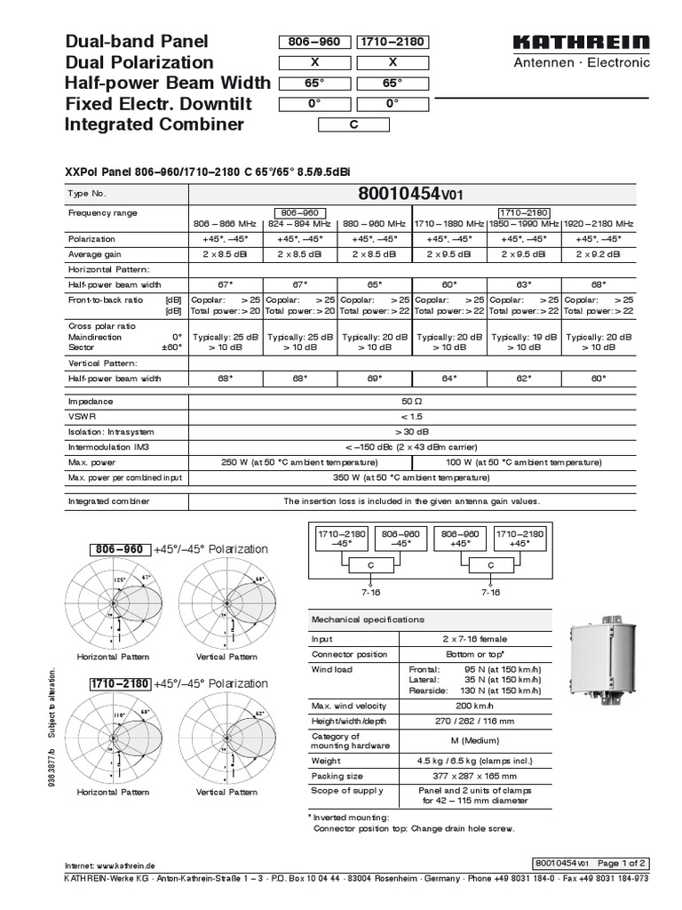 Kathrein 80010454 (KRE1012056) | PDF | Decibel | Antenna (Radio)