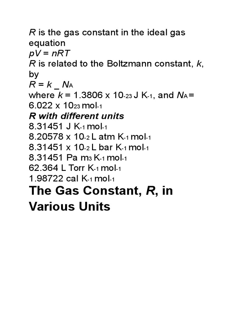 The Gas Constant, R, in Various Units: Equation | PDF