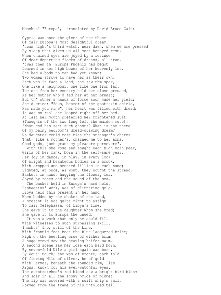 Moschus' Europa, Translated Into Heroic Verse by David Bruce Gain | PDF ...