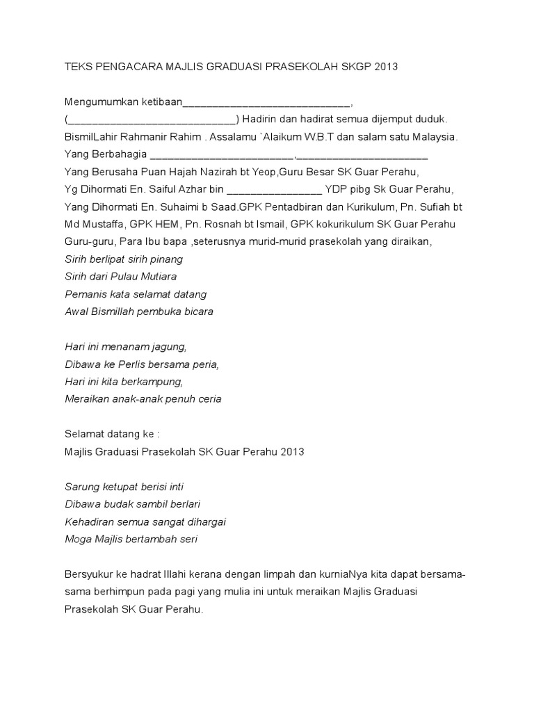 Teks Pengacara Majlis Graduasi Prasekolah 2013 | PDF