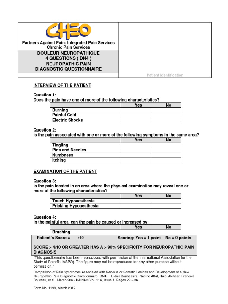 Douleur Neuropathique 4 Questions (Dn4) Neuropathic Pain Diagnostic ...