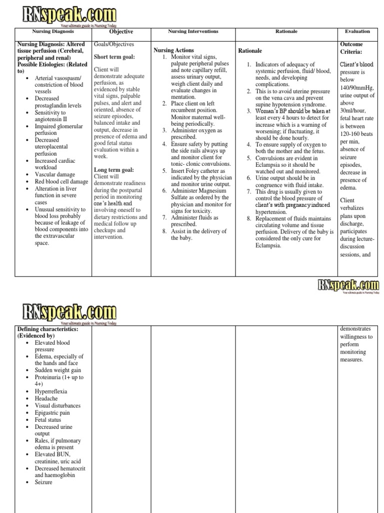 Eclampsia Nursing Care Plan - Altered Tissue Perfusion | PDF | Angiology | Diseases And Disorders