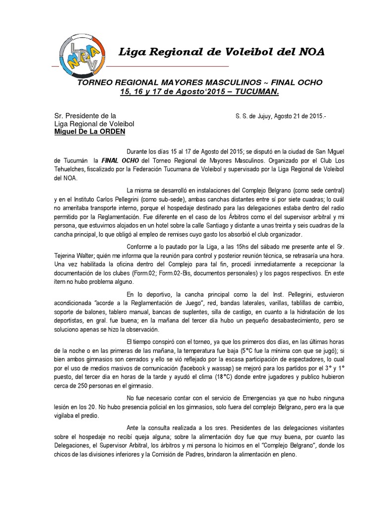 Informe Reg Noa Final Ocho (17.08.15) | PDF | Vóleibol | Deportes