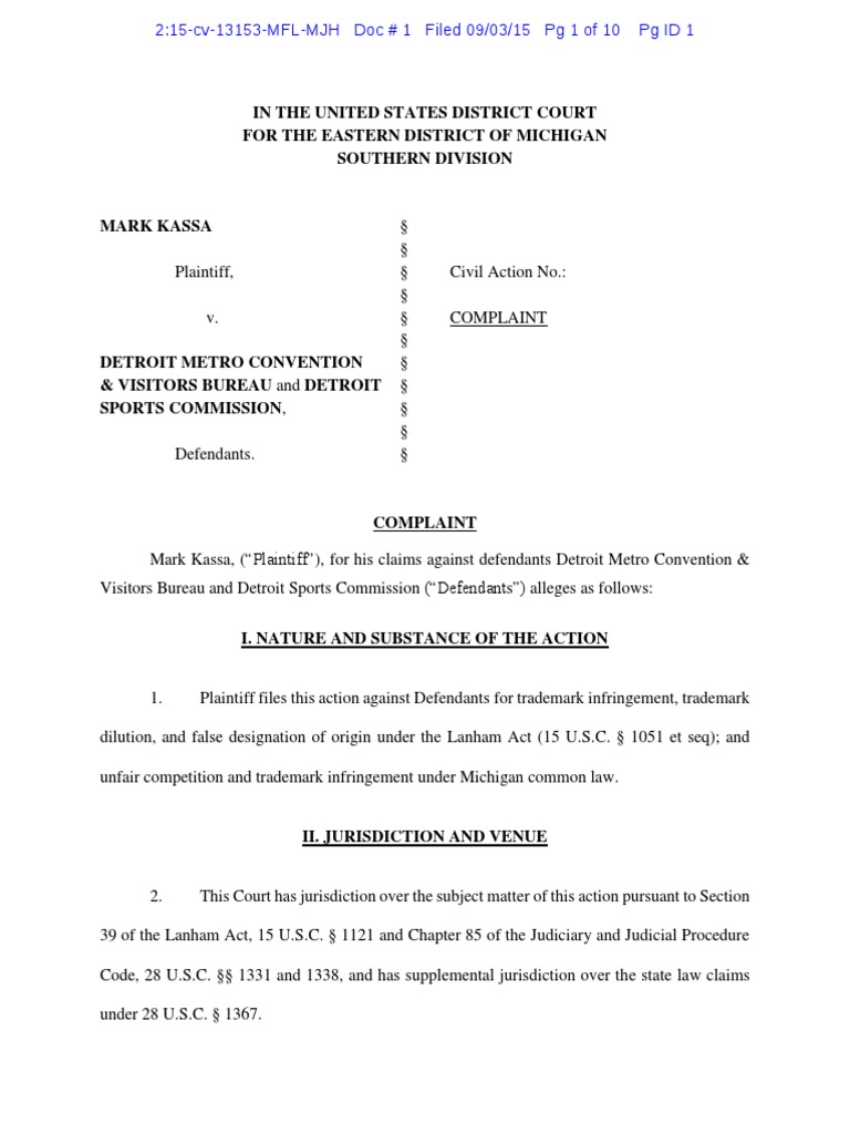Kassa v. Detroit Metro - Welcome To The D Trademark Complaint PDF | PDF ...