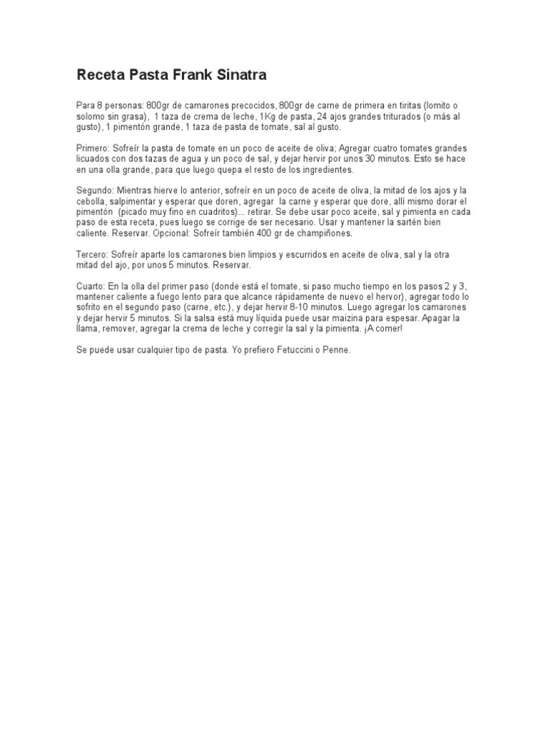 Receta Pasta Frank Sinatra | PDF