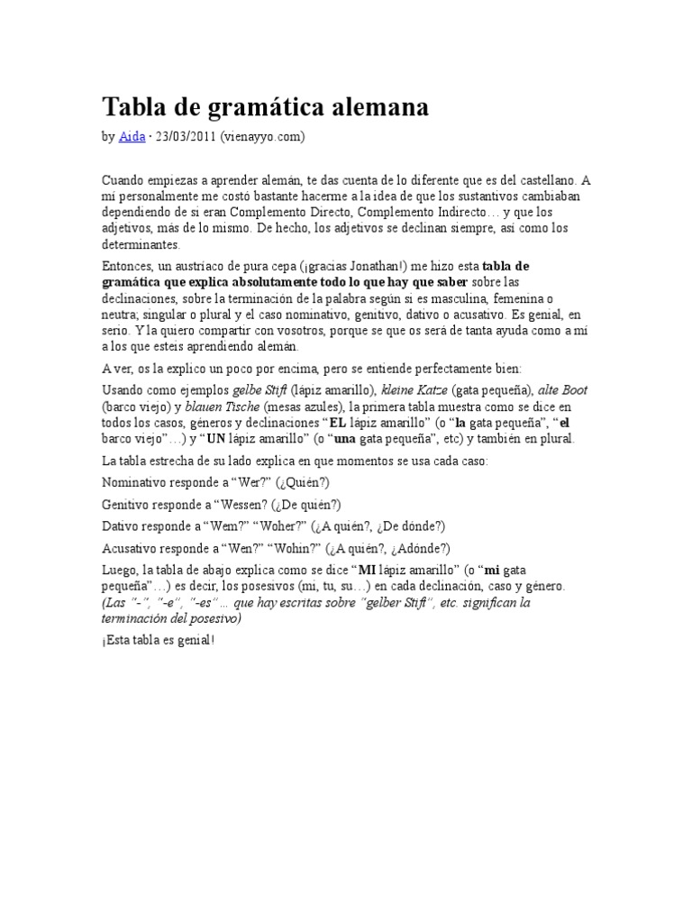 Tabla de Gramática Alemana | PDF | Filología | Artes del lenguaje y ...