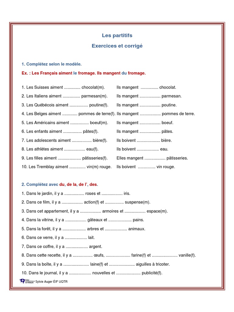 Les Articles Partitifs Exercices Et Corrigé | sauce | Soupe
