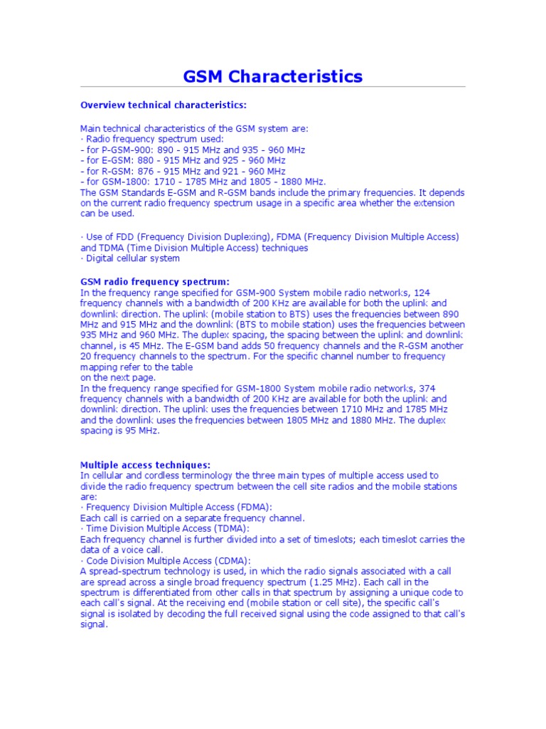 GSM Characteristics | PDF | Cellular Network | Channel Access Method