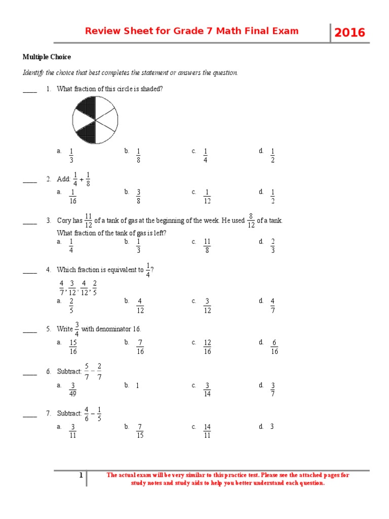 Grade 7 Math Final Exam Review Sheet | PDF | Fraction (Mathematics ...