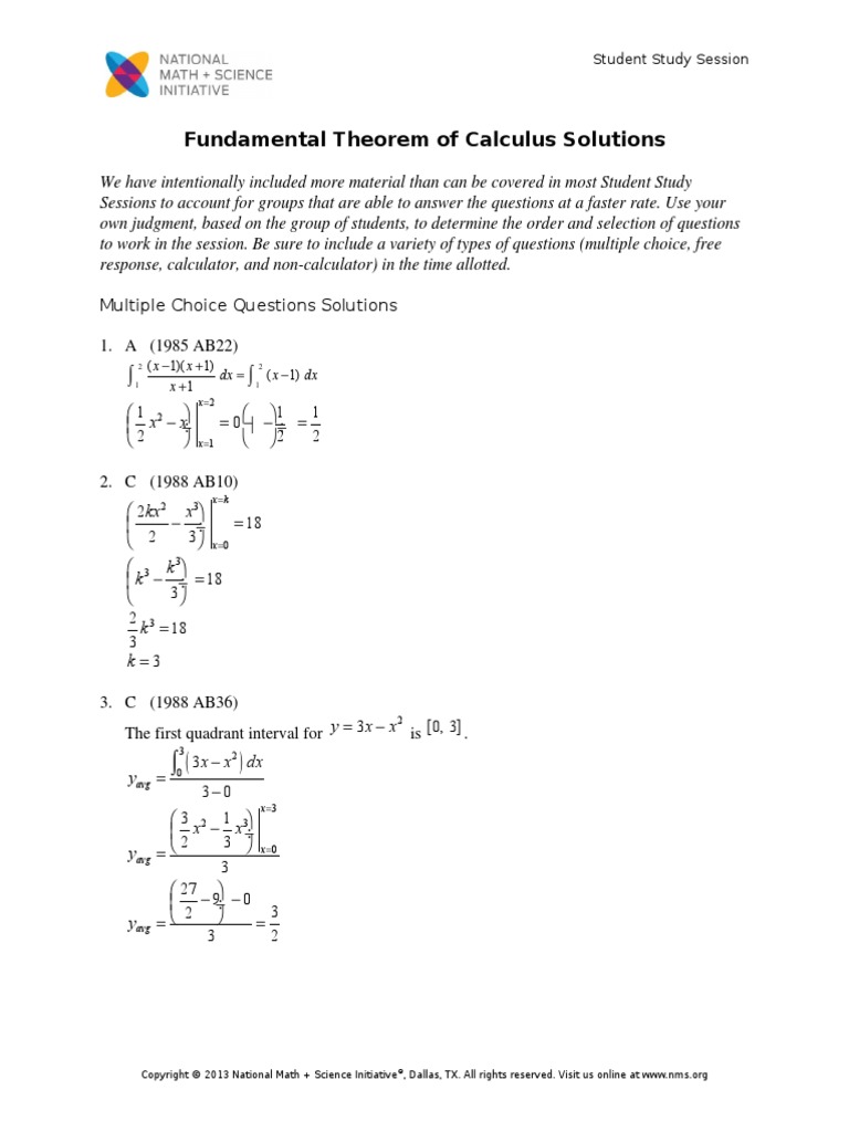 Fundamental Theorem of Calculus - Solutions | PDF | Calculus | Teaching ...