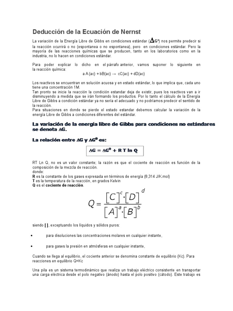 Deducción de La Ecuación de Nernst | PDF | Reacciones químicas ... Deducción de La Ecuación de Nernst | PDF | Reacciones químicas ...